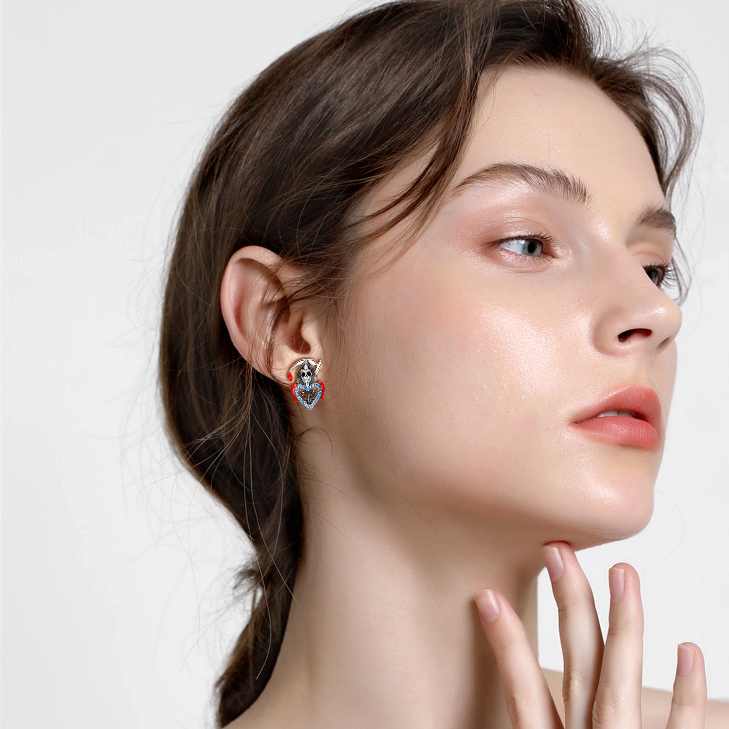 S925 Sterling Silver Skull Grim Reaper Stud Earring Set With Zirconium ...
